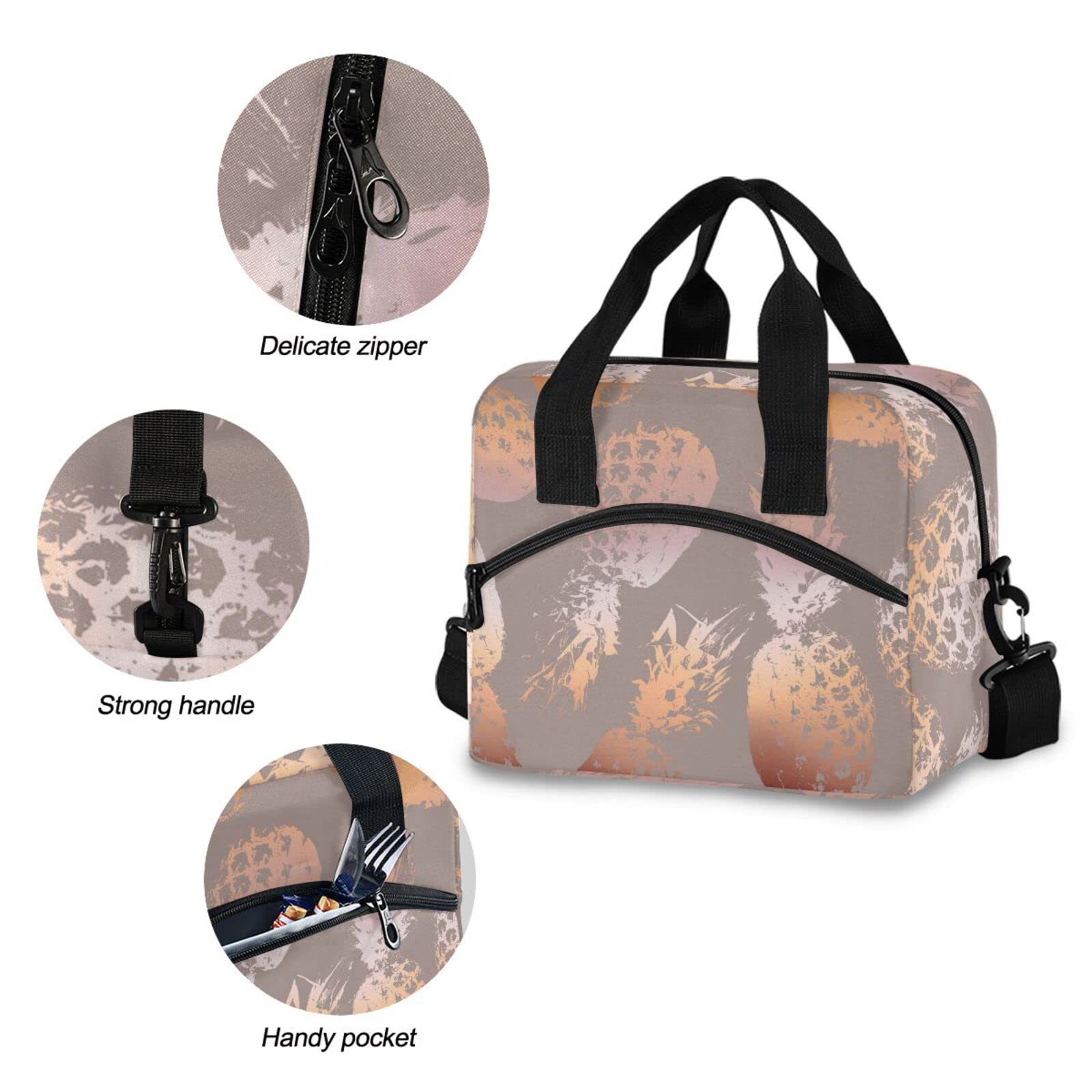 ALAZA Rose Gold Pineapple Print Lunch Bags for Women Leakproof Crossbody Lunch Bag Lunch Cooler Bag with Shoulder Strap(226be8d)