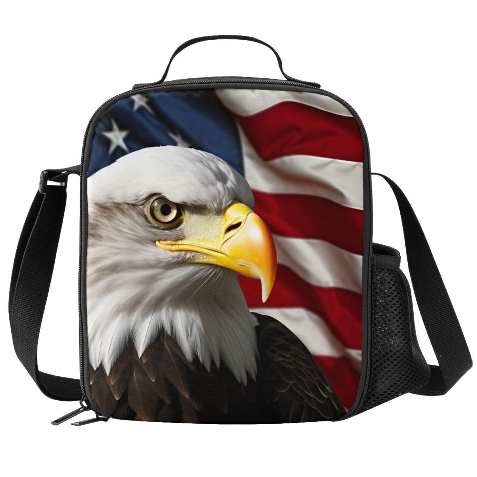 PrelerDIY American Flag Lunch Box - Insulated Lunch Box for Kids Funny 3D Eagle Design with Side Pocket & Shoulder Strap Lunch Bag Perfect for School/Camping/Hiking/Picnic/Beach/Travel