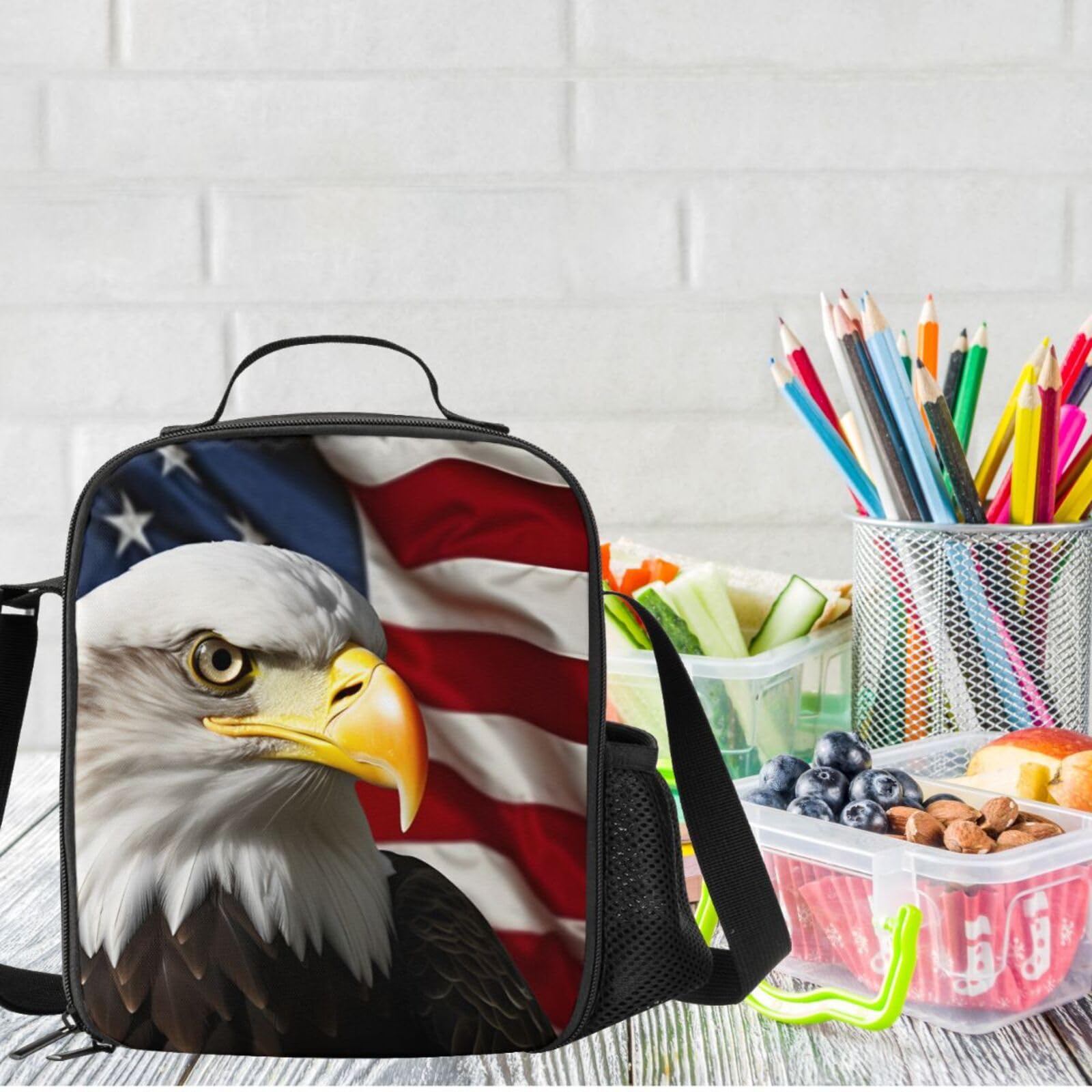 PrelerDIY American Flag Lunch Box - Insulated Lunch Box for Kids Funny 3D Eagle Design with Side Pocket & Shoulder Strap Lunch Bag Perfect for School/Camping/Hiking/Picnic/Beach/Travel