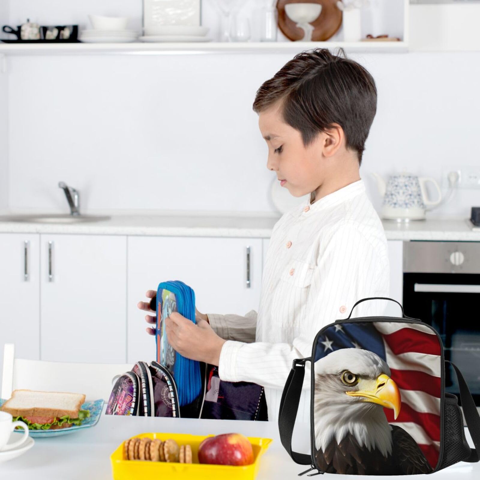 PrelerDIY American Flag Lunch Box - Insulated Lunch Box for Kids Funny 3D Eagle Design with Side Pocket & Shoulder Strap Lunch Bag Perfect for School/Camping/Hiking/Picnic/Beach/Travel