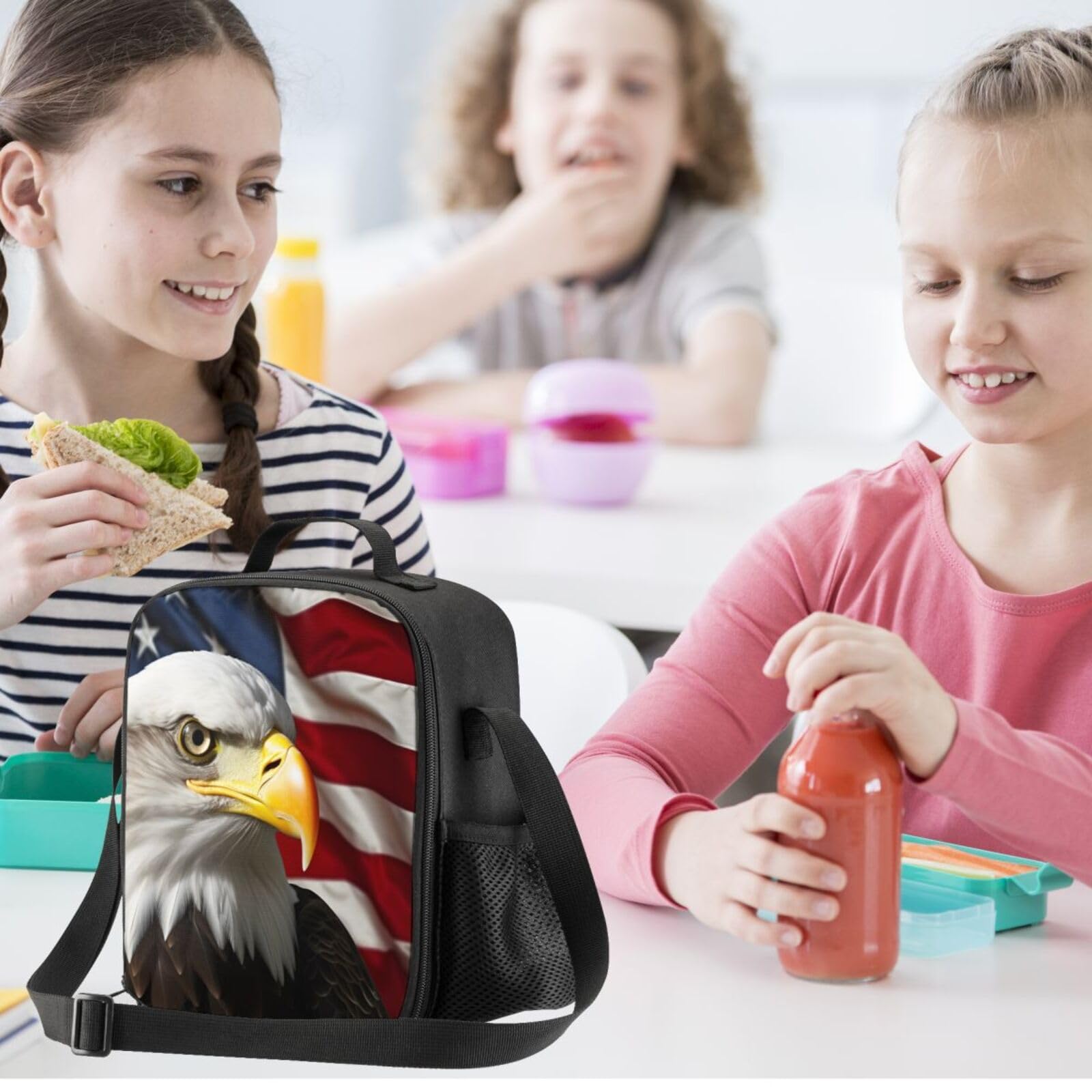 PrelerDIY American Flag Lunch Box - Insulated Lunch Box for Kids Funny 3D Eagle Design with Side Pocket & Shoulder Strap Lunch Bag Perfect for School/Camping/Hiking/Picnic/Beach/Travel