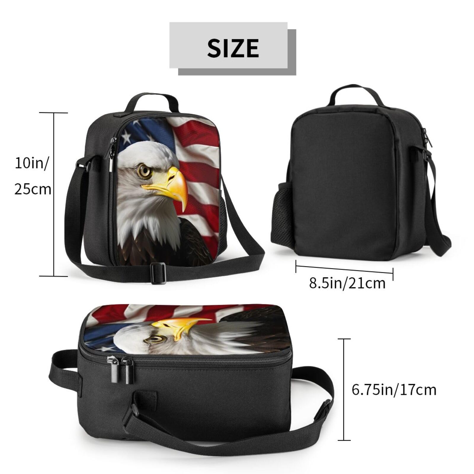 PrelerDIY American Flag Lunch Box - Insulated Lunch Box for Kids Funny 3D Eagle Design with Side Pocket & Shoulder Strap Lunch Bag Perfect for School/Camping/Hiking/Picnic/Beach/Travel