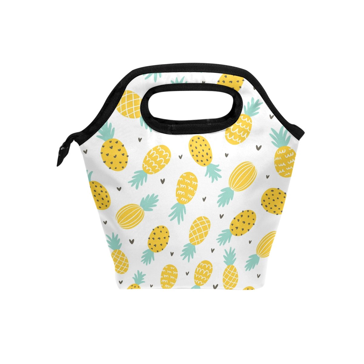 Neoprene Lunch Bag Pineapple And Hearts Printed Tote Reusable Insulated Waterproof School Picnic Carrying Gourmet Lunchbox Container Organizer For Men, Women, Adults, Kids, Girls, Boys