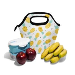 Neoprene Lunch Bag Pineapple And Hearts Printed Tote Reusable Insulated Waterproof School Picnic Carrying Gourmet Lunchbox Container Organizer For Men, Women, Adults, Kids, Girls, Boys