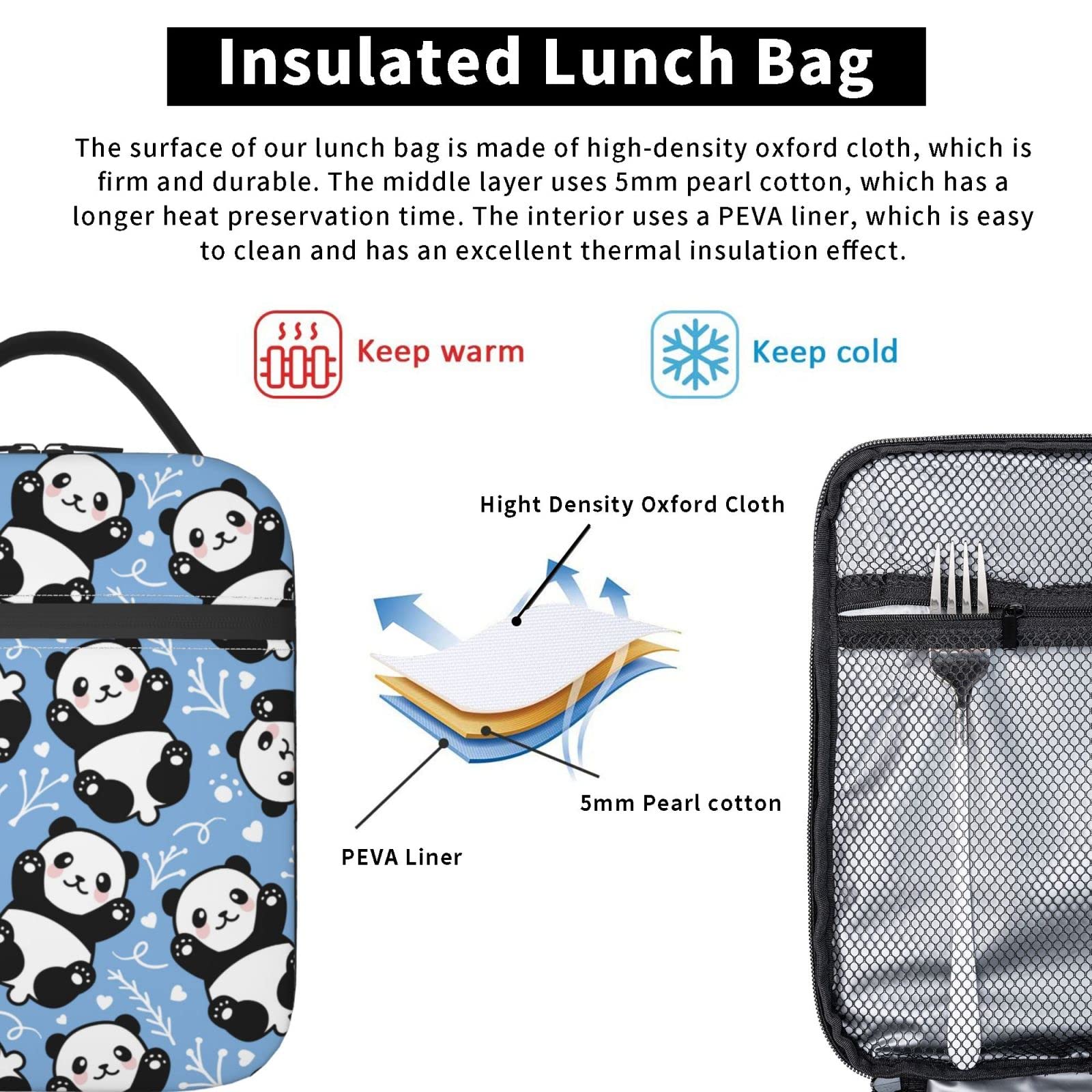 koniqiwa Cute Panda Lunch Box Insulated Lunch Bag Detachable Handle Lunchbox Thermal Meal Tote Bag For Travel Picnic Office Work Outdoor