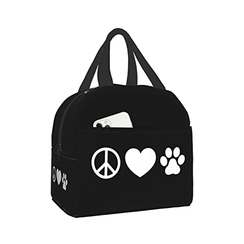 Canesert Lunch Bag with Pocket for Teen Peace Love Paw Insulated Lunch Box Cooler Thermal Waterproof Reusable Tote Bag for Women Travel Work Hiking Picnic