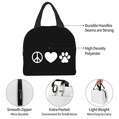 Canesert Lunch Bag with Pocket for Teen Peace Love Paw Insulated Lunch Box Cooler Thermal Waterproof Reusable Tote Bag for Women Travel Work Hiking Picnic