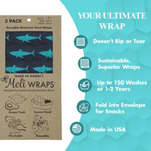 Meli Wraps - 3-Pack Reusable Beeswax Wraps for Food, Eco-Conscious Food Storage, Small, Medium and Large Food Wrap, Shark