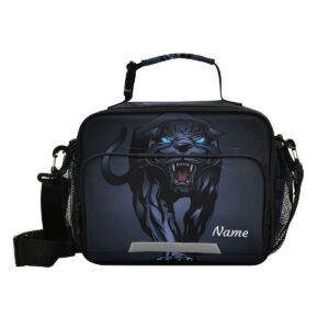 roaring black panther pesonalized lunch box, custom lunch bag with adjustable shoulder strap insulated tote bag picnic box for school teens snacks cooler tote