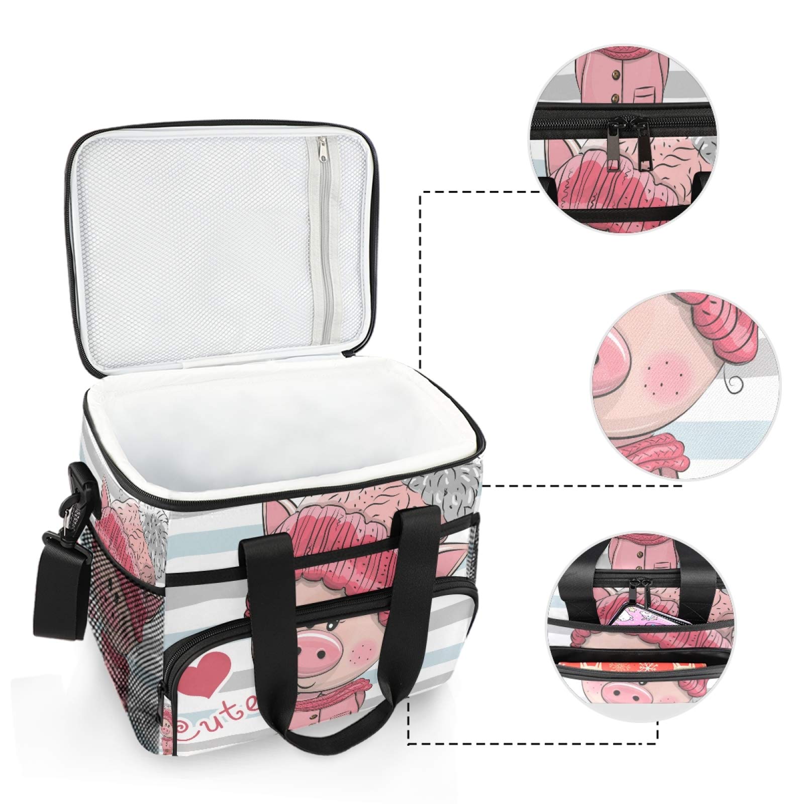 Pink Pig Piglet Piggy Dress Up Large Lunch Cooler Bag, Shoulder Lunchbox, Insulated Lunch Box with Adjustable Padded Shoulder Strap for Outdoor Picnic Travel Beach