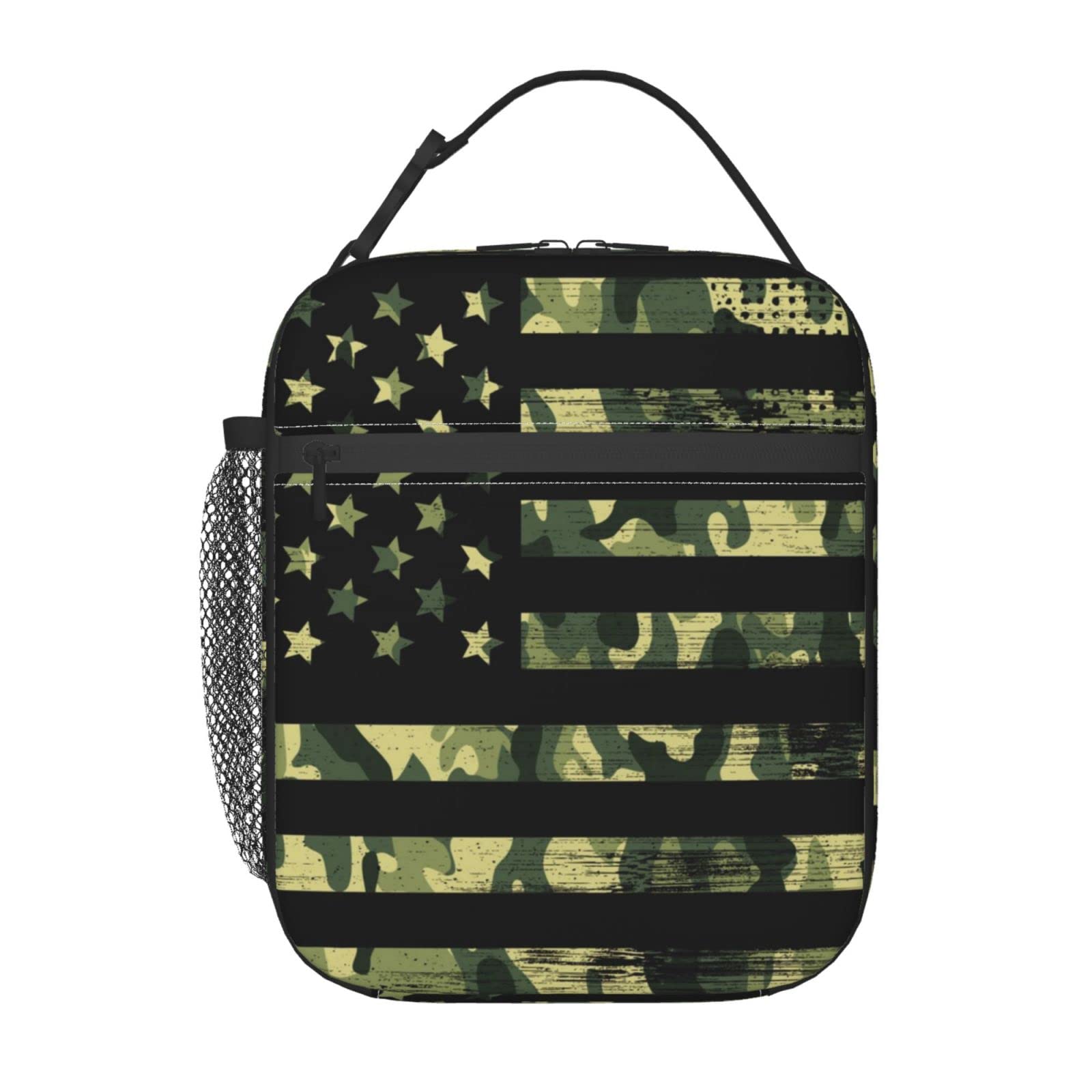 vlaxwaif American Flag With Green Camo Lunch Bag Insulated Lunch Box For Women Men,Durable Portable Adult Cooler Lunch Tote Boys Girls Lunchbox With Side Pocket For Work Office School