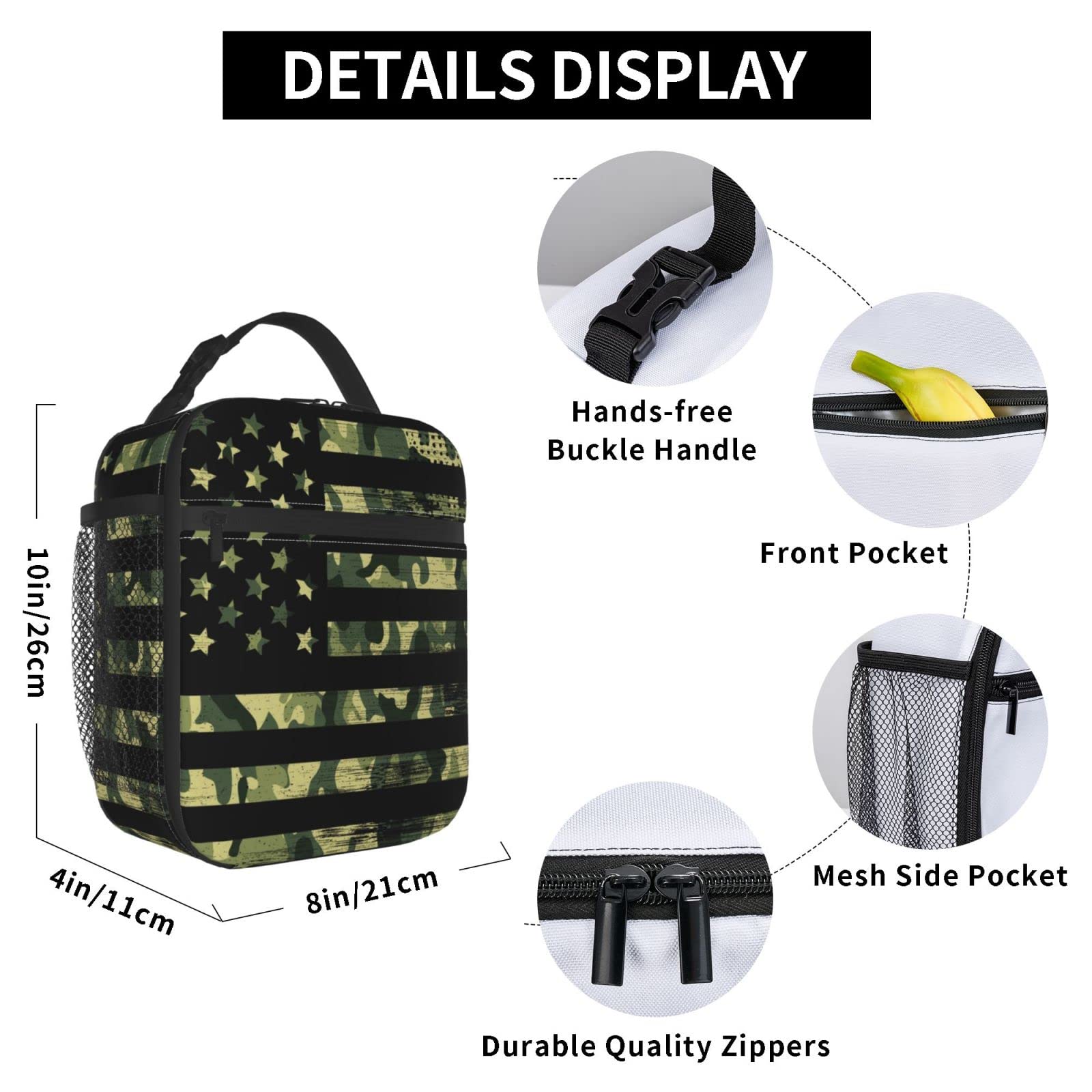 vlaxwaif American Flag With Green Camo Lunch Bag Insulated Lunch Box For Women Men,Durable Portable Adult Cooler Lunch Tote Boys Girls Lunchbox With Side Pocket For Work Office School