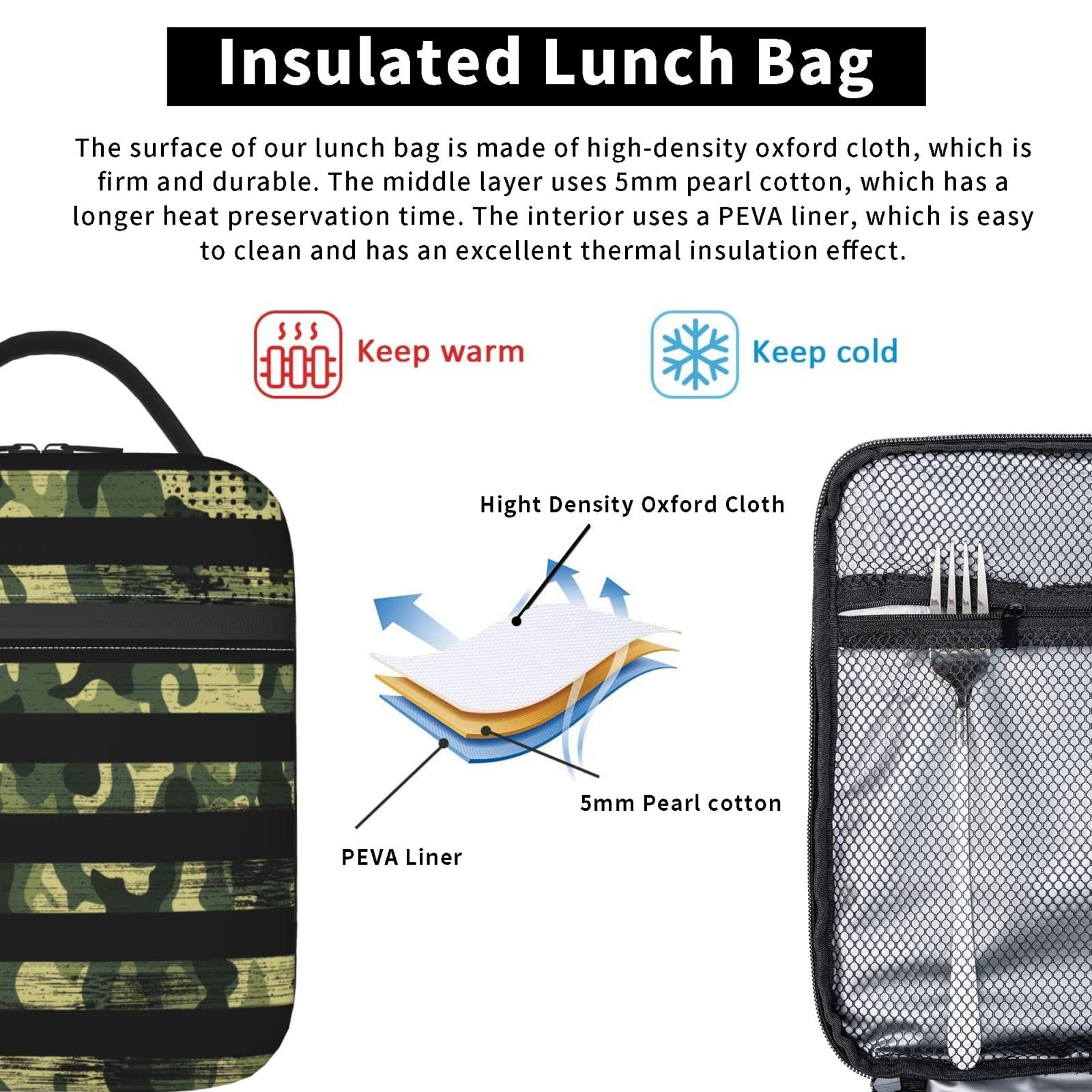 vlaxwaif American Flag With Green Camo Lunch Bag Insulated Lunch Box For Women Men,Durable Portable Adult Cooler Lunch Tote Boys Girls Lunchbox With Side Pocket For Work Office School