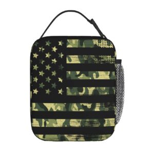 vlaxwaif American Flag With Green Camo Lunch Bag Insulated Lunch Box For Women Men,Durable Portable Adult Cooler Lunch Tote Boys Girls Lunchbox With Side Pocket For Work Office School