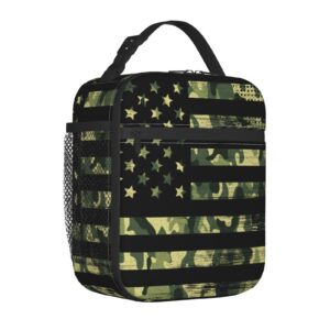 vlaxwaif American Flag With Green Camo Lunch Bag Insulated Lunch Box For Women Men,Durable Portable Adult Cooler Lunch Tote Boys Girls Lunchbox With Side Pocket For Work Office School