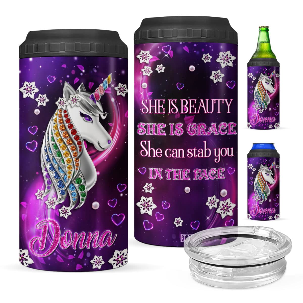 KOIXA Unicorn Can Cooler Insulated 4-in-1 16 Oz She Is Beauty She Is Grace She Can Stab You In The Face Stainless Steel Can Holder Travel Cup Funny Sarcastic Gifts For Women