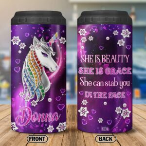 KOIXA Unicorn Can Cooler Insulated 4-in-1 16 Oz She Is Beauty She Is Grace She Can Stab You In The Face Stainless Steel Can Holder Travel Cup Funny Sarcastic Gifts For Women