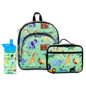 wildkin 12 inch backpack and lunch box bag bundle with 16 ounce reusable water bottle (wild animals)