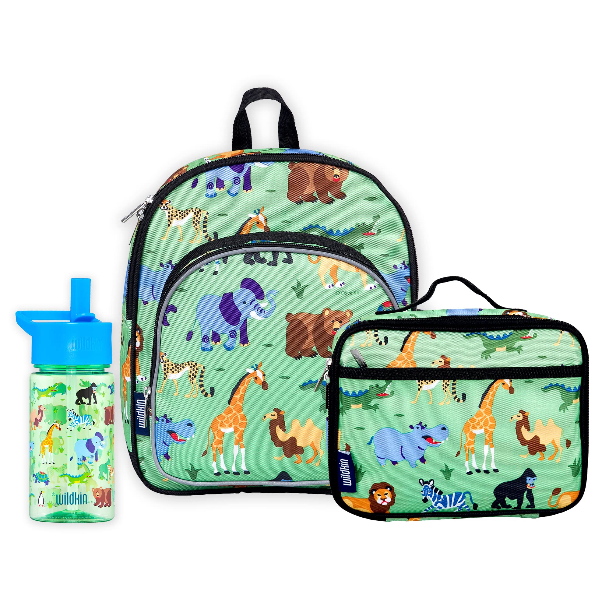 Wildkin 12 Inch Backpack and Lunch Box Bag Bundle with 16 Ounce Reusable Water Bottle (Wild Animals)