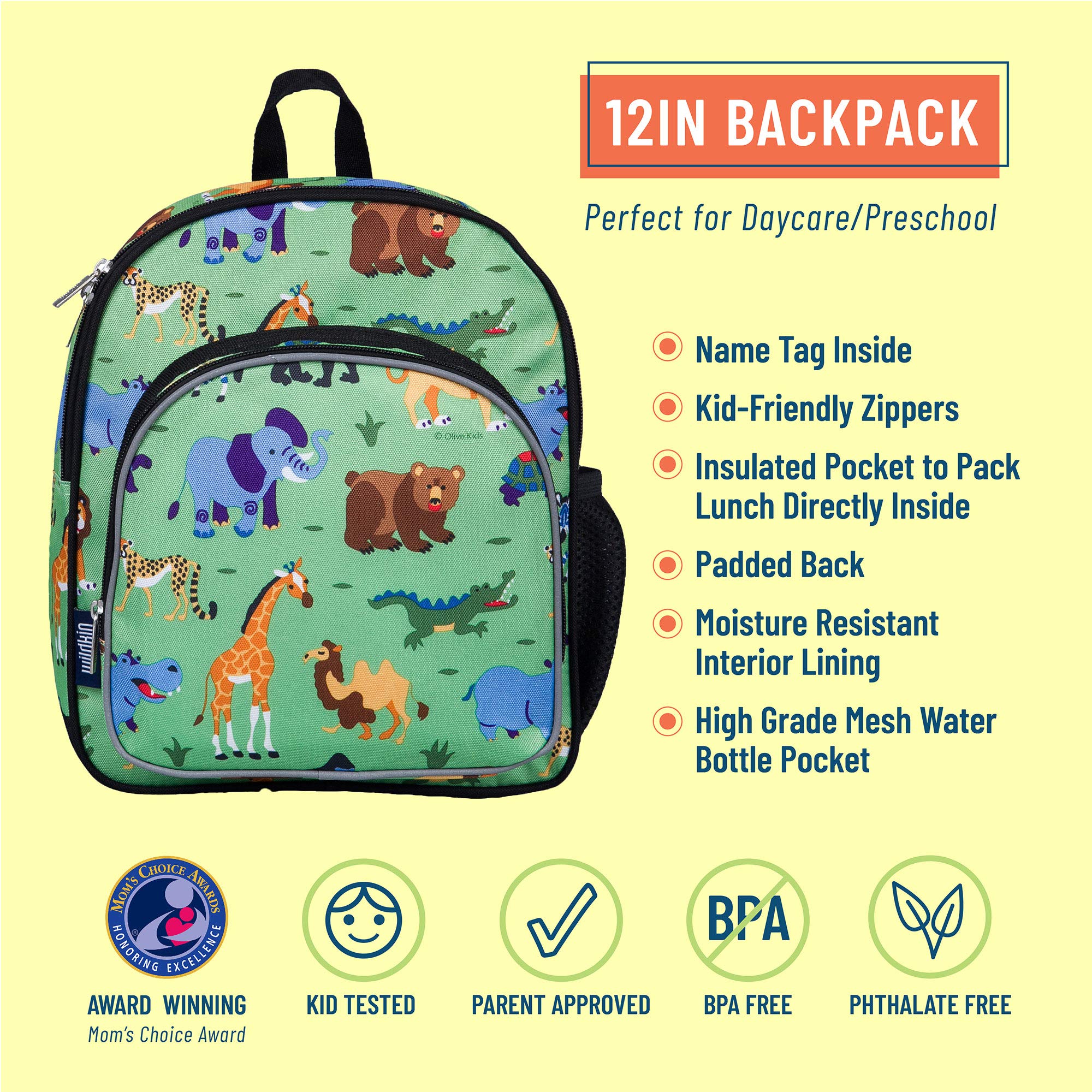 Wildkin 12 Inch Backpack and Lunch Box Bag Bundle with 16 Ounce Reusable Water Bottle (Wild Animals)