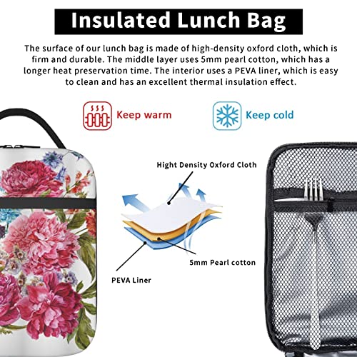 Rportable Lunch Bag For Women/Men Insulated,Gentle Summer Flora Hyacinths Blackberry And Peonies Victorian Ve,Insulatedreusable Lunch Box For Office Work School Picnic Beach,Leakproof Cooler Tote Bag