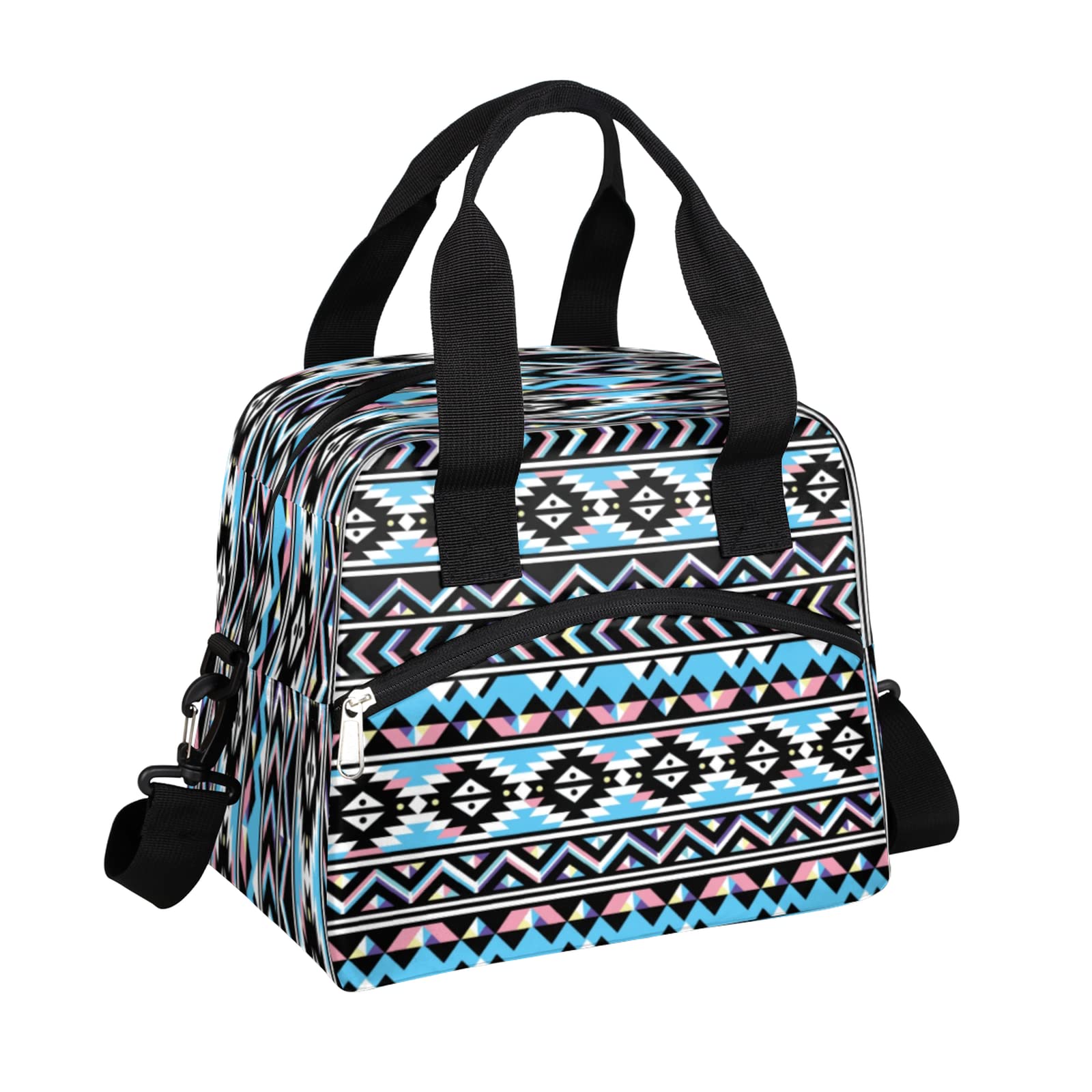 Aztec Geometric Pattern Lunch Bag Adjustable Shoulder Strap Cooler Bag Reusable Zipper Insulated Lunch Tote Bag for Work Picnic Camping School