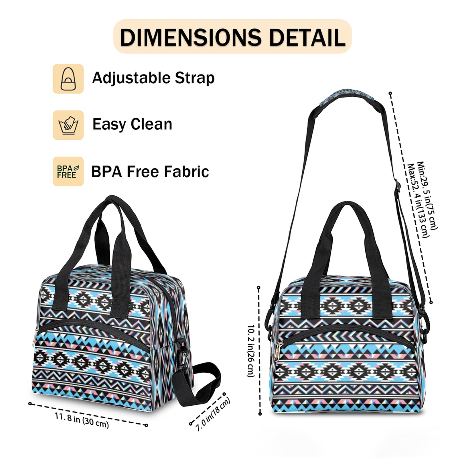 Aztec Geometric Pattern Lunch Bag Adjustable Shoulder Strap Cooler Bag Reusable Zipper Insulated Lunch Tote Bag for Work Picnic Camping School