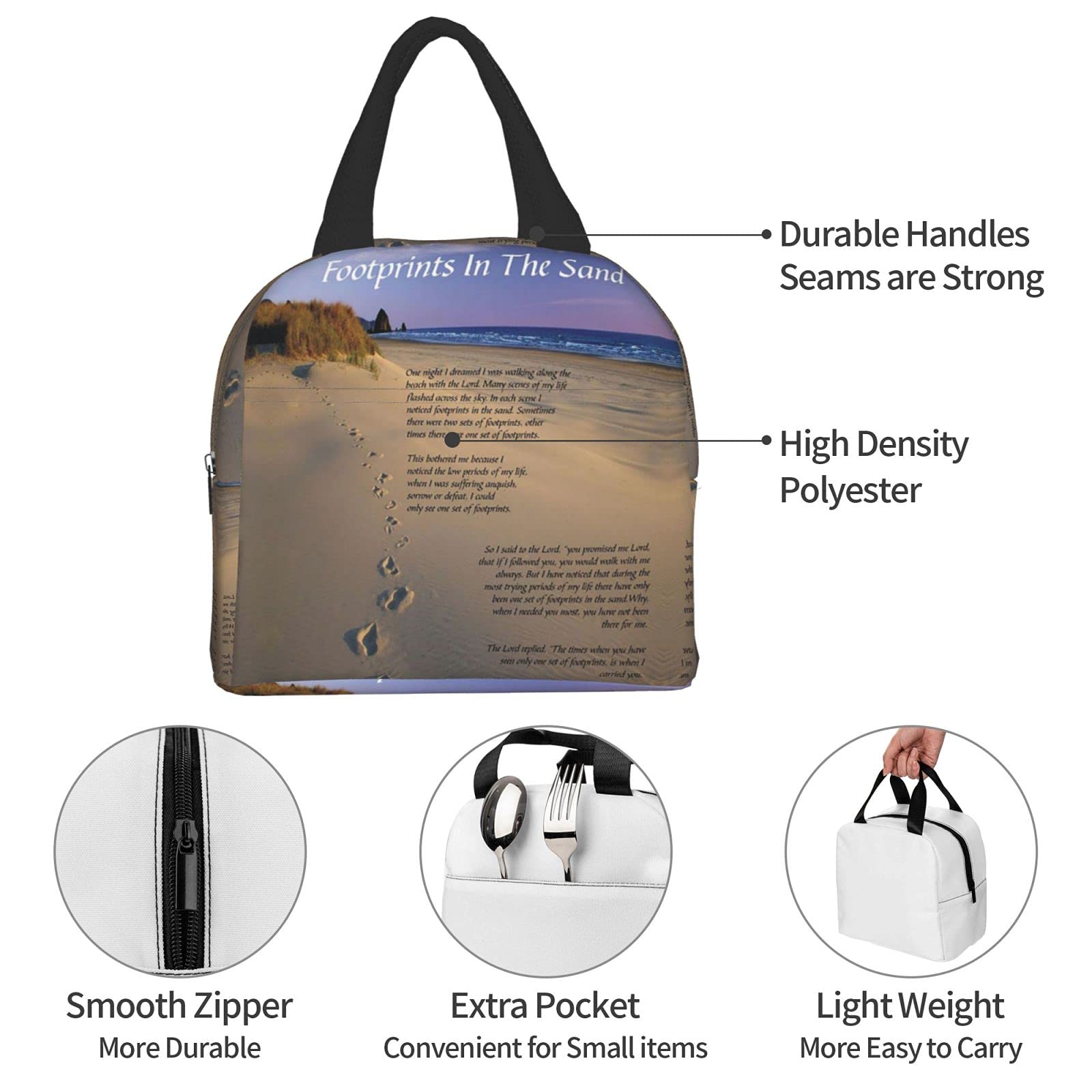 Footprints In The Sand Inspirational Poster Tote Bag Insulated Lunch Box Water-resistant Thermal Liner Lunch Bags for Picnic/Boating/Beach/Fishing/Work