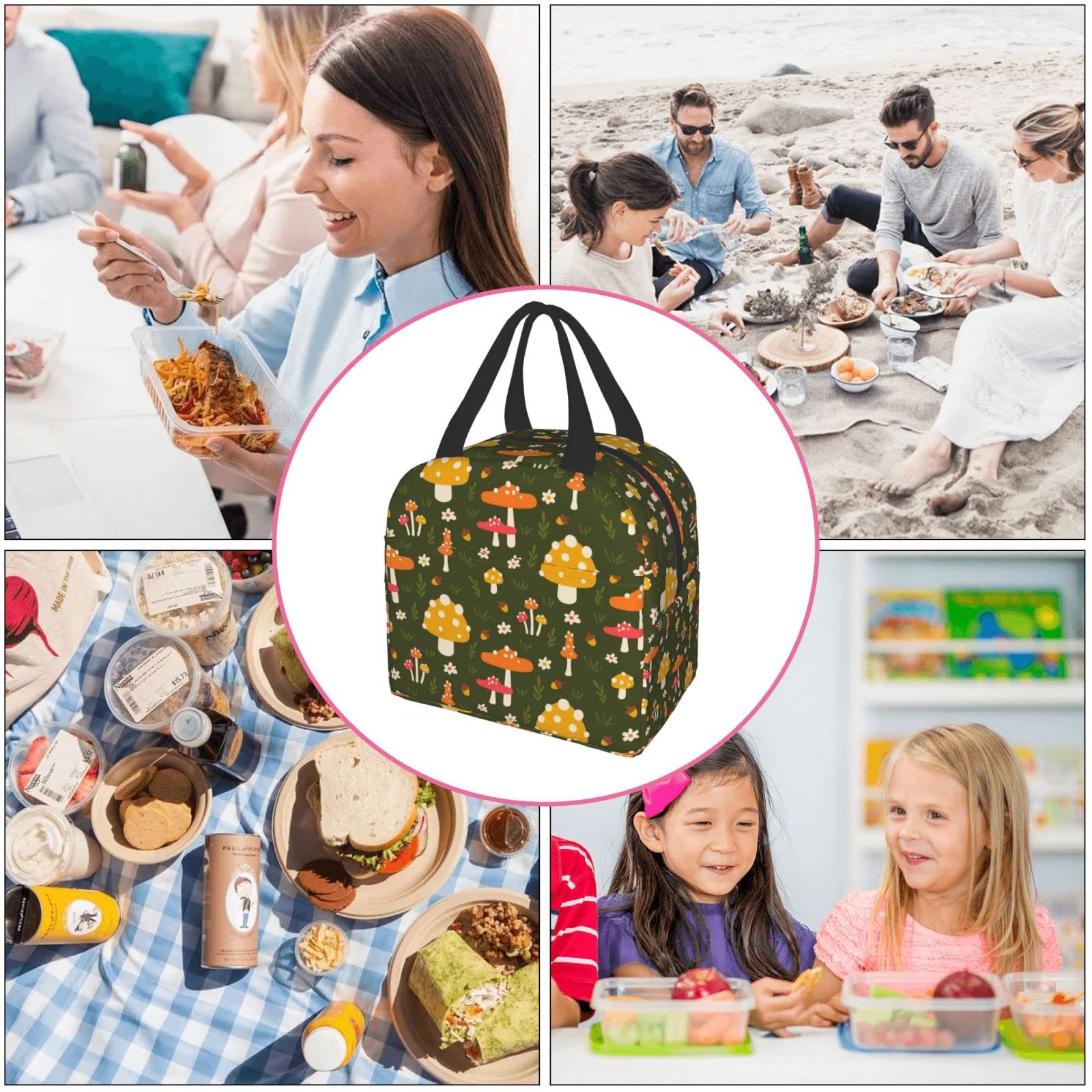 Pubnico Cute mushroom and leaves Lunch Box, Bento Box Insulated Lunch Boxes Reusable Waterproof Lunch Bag With Front Pocket For Office Picnic Hiking Beach