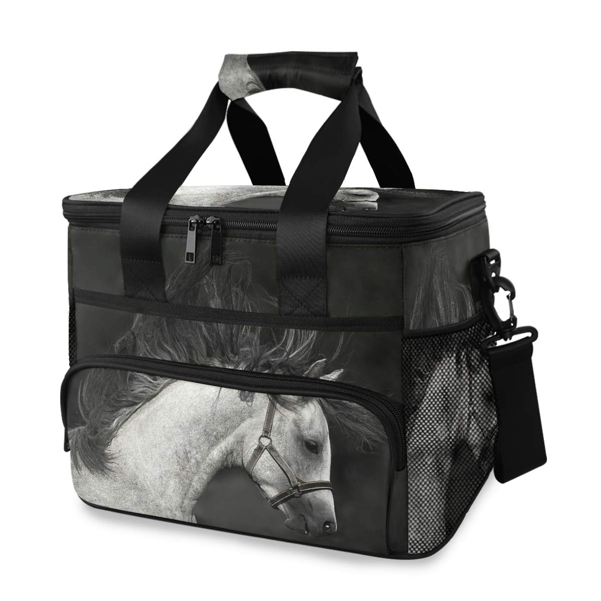 ALAZA White Horse on Black Large Cooler Insulated Picnic Bag Lunch Box for Adult Men Women