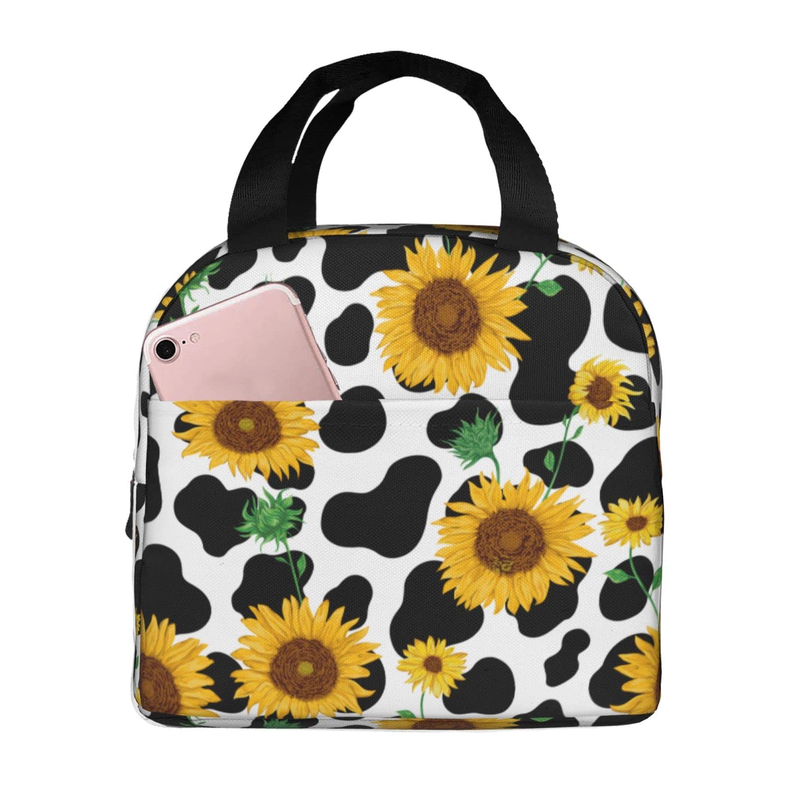 Srucddu Cow Print Sunflower Lunch Bag For Women, Insulated Reusable Leakproof Lunch Box Cooler Tote Bag For Adult Office Work Picnic