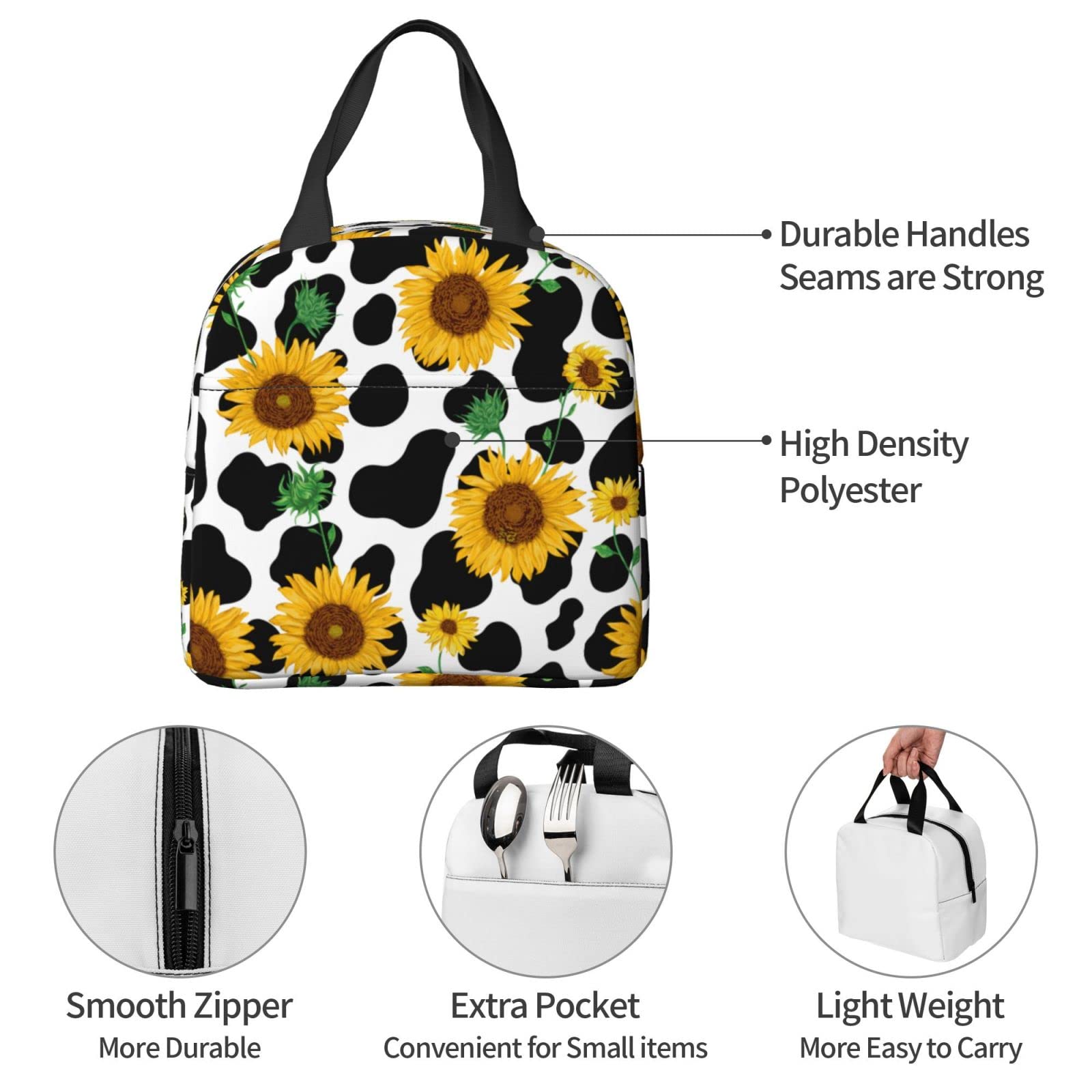 Srucddu Cow Print Sunflower Lunch Bag For Women, Insulated Reusable Leakproof Lunch Box Cooler Tote Bag For Adult Office Work Picnic