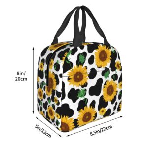 Srucddu Cow Print Sunflower Lunch Bag For Women, Insulated Reusable Leakproof Lunch Box Cooler Tote Bag For Adult Office Work Picnic