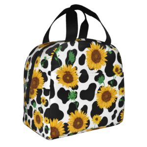 Srucddu Cow Print Sunflower Lunch Bag For Women, Insulated Reusable Leakproof Lunch Box Cooler Tote Bag For Adult Office Work Picnic