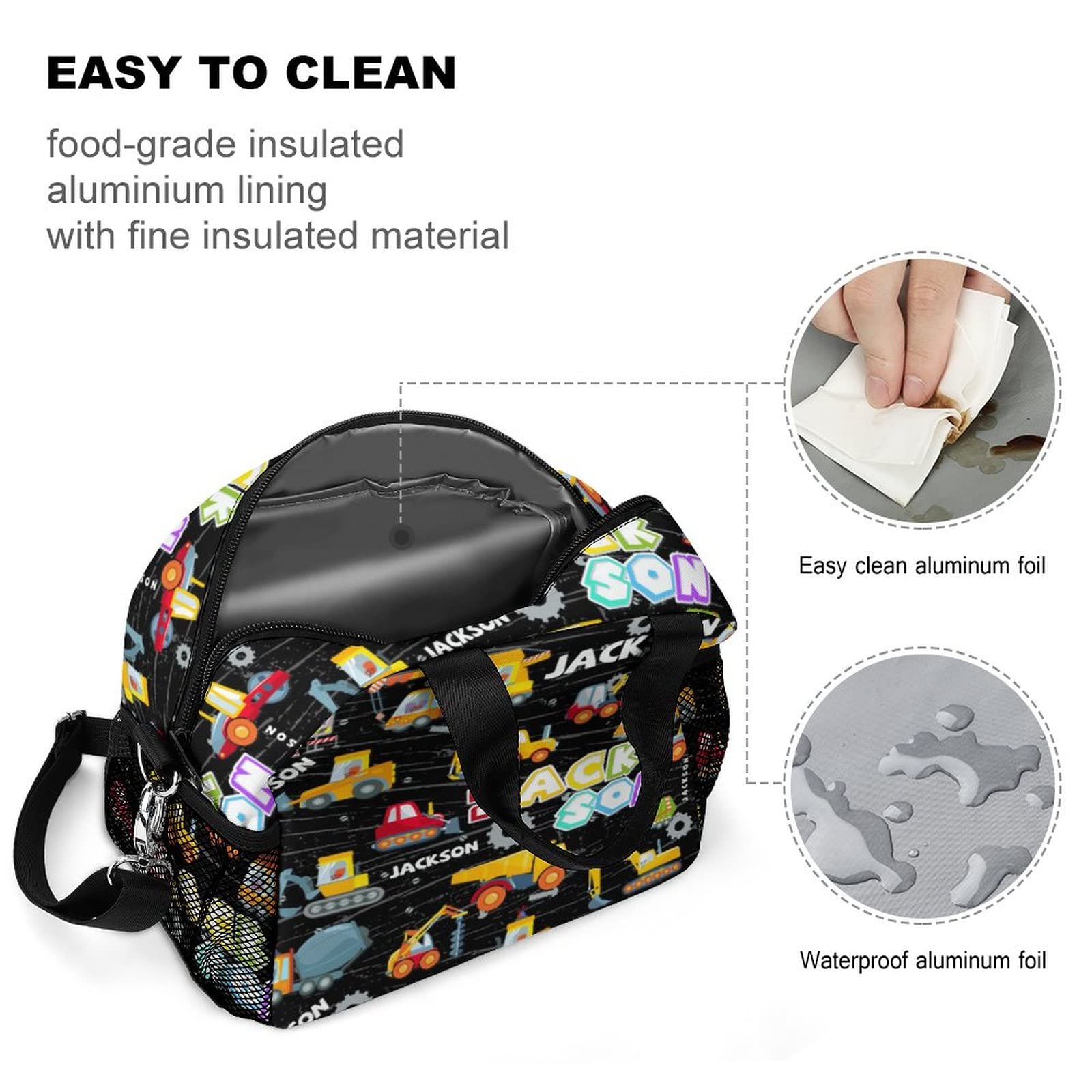 GIHSWE Cartoon Excavator Tool Car Custom Lunch Bag Personalized Insulated Kids Lunch Box Add Your Name with Adjustable Shoulder Strap Reusable School Picnic Outdoors Travel