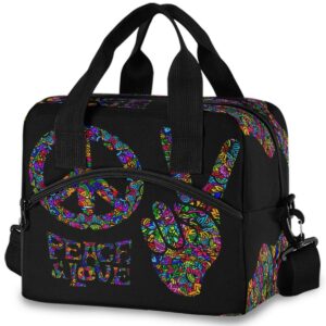 oarencol peace love symbol two fingers hippie colorful insulated lunch tote bag reusable cooler lunch box with shoulder strap for work picnic school beach