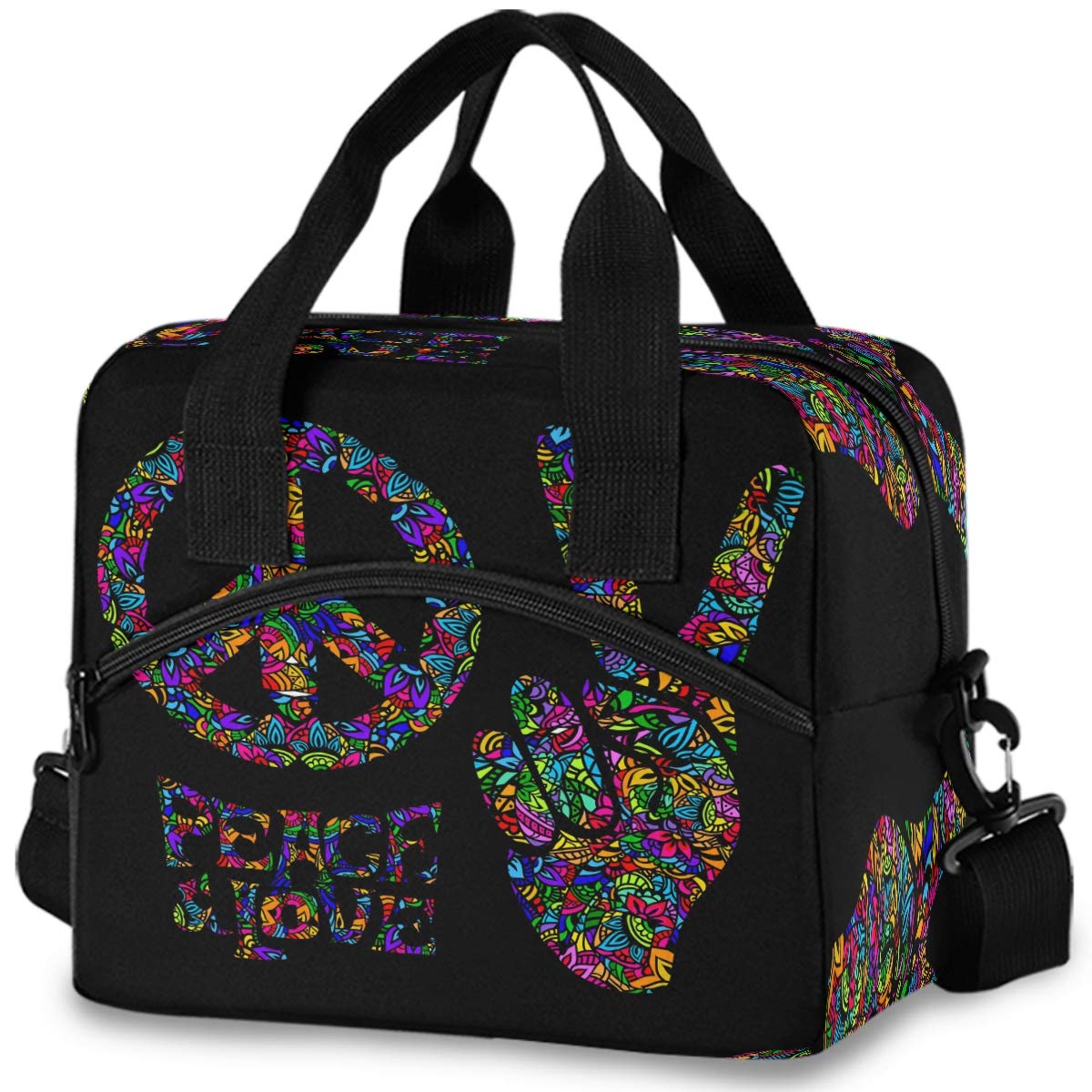 Oarencol Peace Love Symbol Two Fingers Hippie Colorful Insulated Lunch Tote Bag Reusable Cooler Lunch Box with Shoulder Strap for Work Picnic School Beach