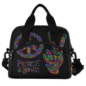 Oarencol Peace Love Symbol Two Fingers Hippie Colorful Insulated Lunch Tote Bag Reusable Cooler Lunch Box with Shoulder Strap for Work Picnic School Beach