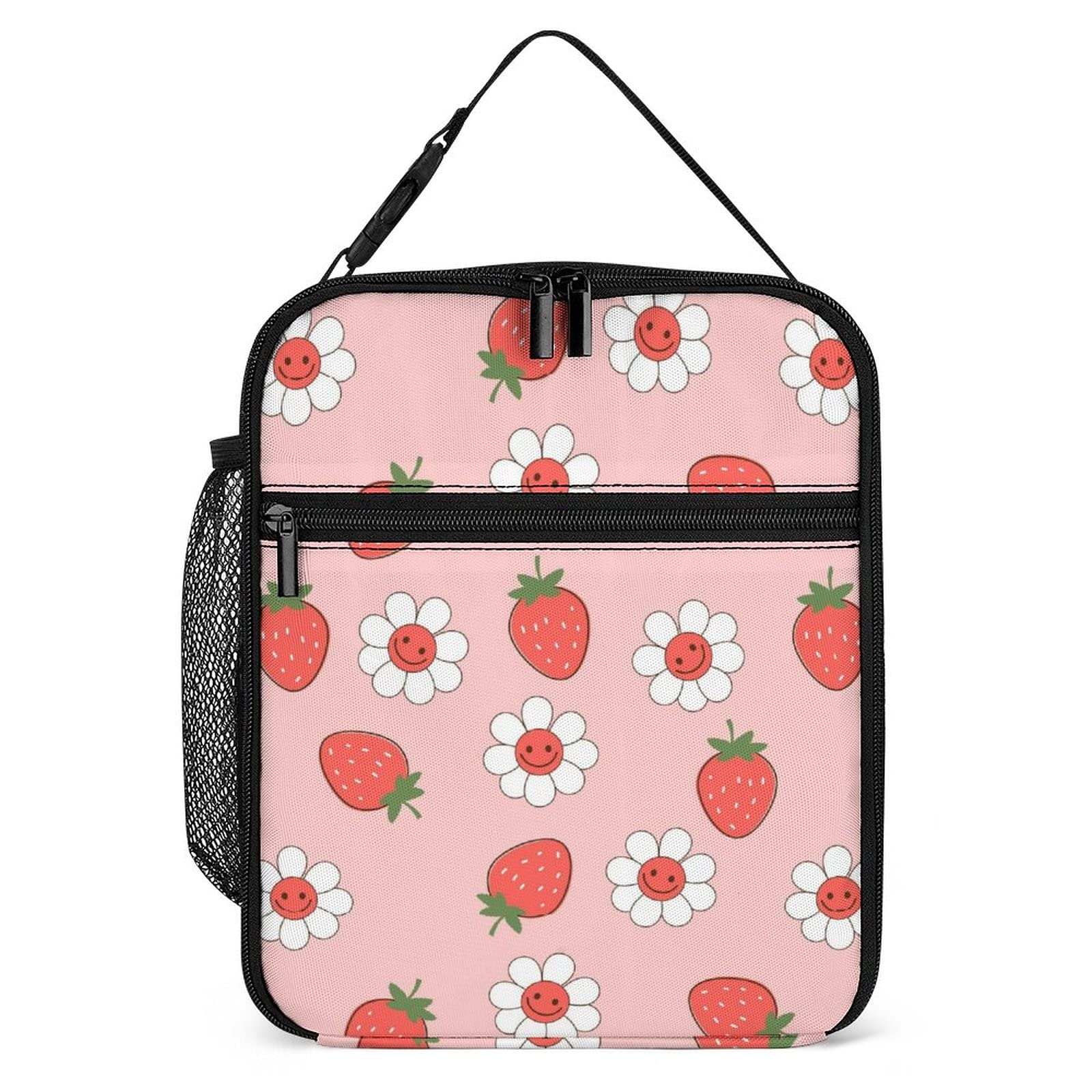 MINBHEBYUD Retro Pink Daisy Strawberry Fruit Lunch Bag for Men Women Adults, Insulated Lunch Bags for Office Work, Reusable Portable Lunch Bag