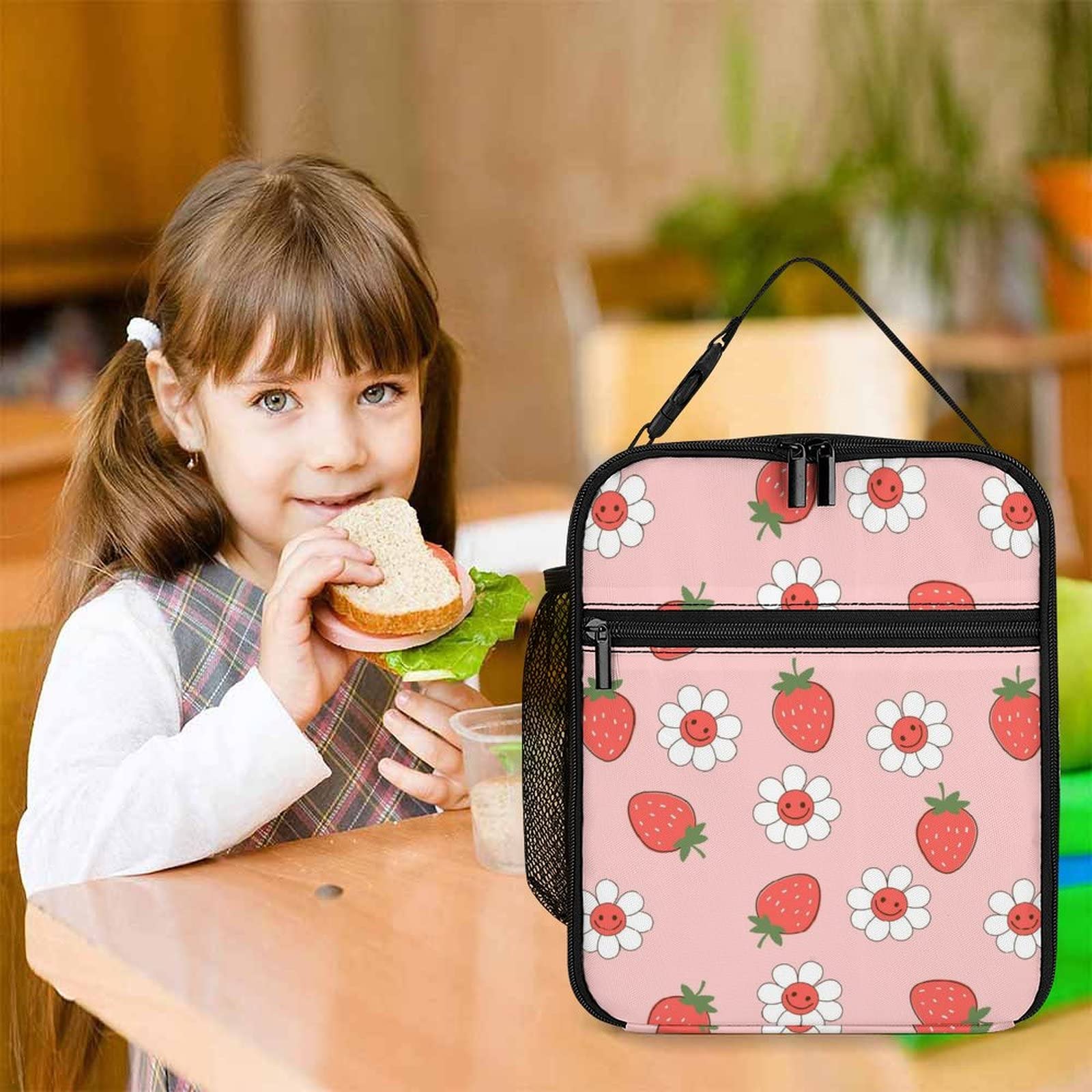 MINBHEBYUD Retro Pink Daisy Strawberry Fruit Lunch Bag for Men Women Adults, Insulated Lunch Bags for Office Work, Reusable Portable Lunch Bag