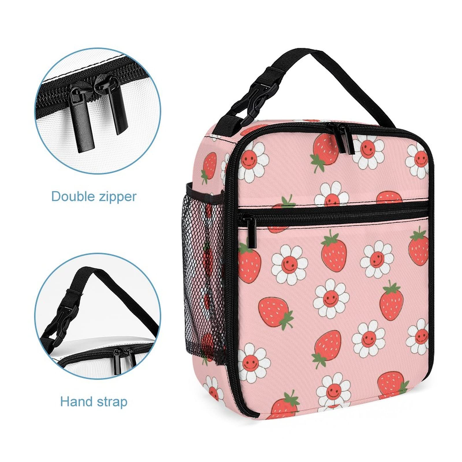 MINBHEBYUD Retro Pink Daisy Strawberry Fruit Lunch Bag for Men Women Adults, Insulated Lunch Bags for Office Work, Reusable Portable Lunch Bag