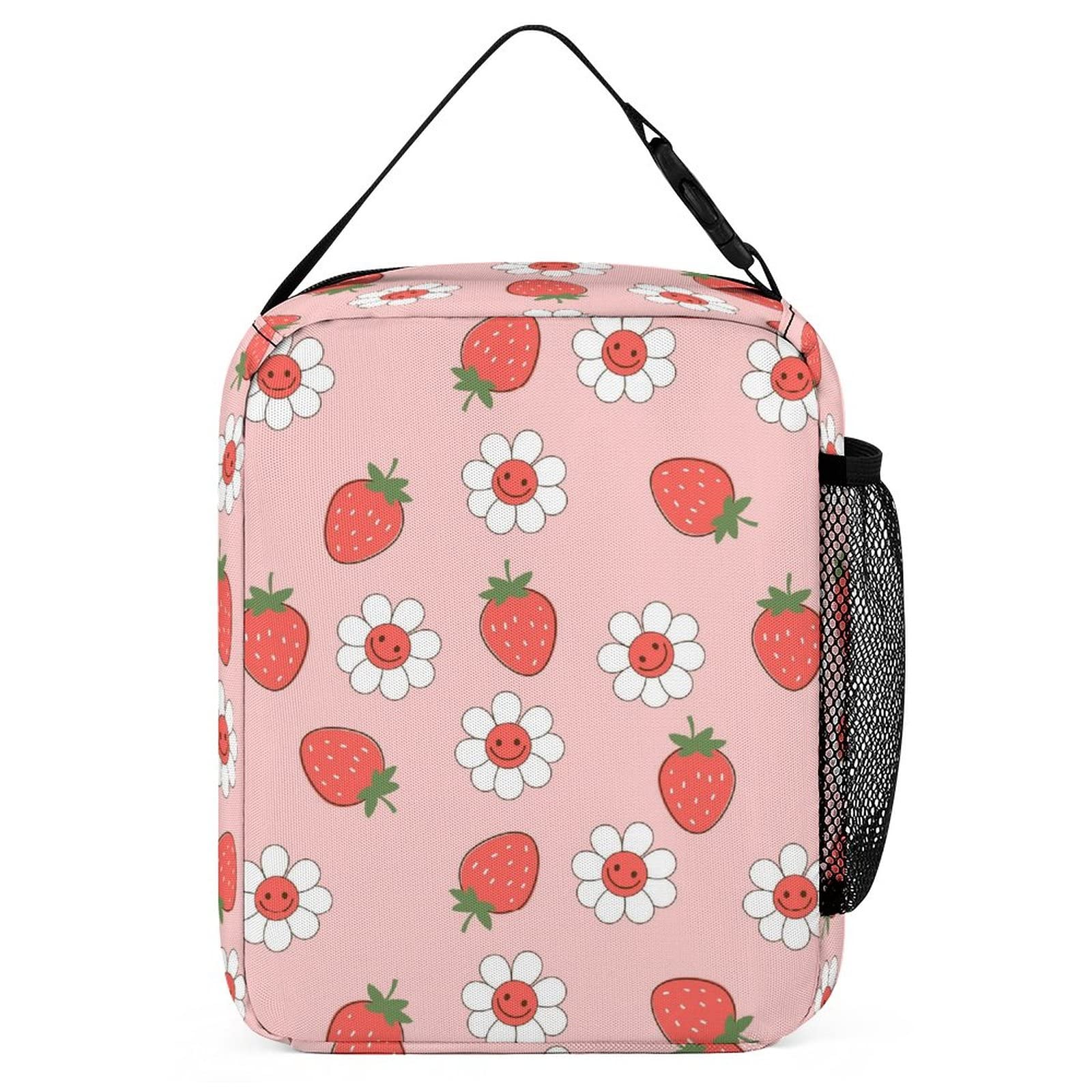 MINBHEBYUD Retro Pink Daisy Strawberry Fruit Lunch Bag for Men Women Adults, Insulated Lunch Bags for Office Work, Reusable Portable Lunch Bag