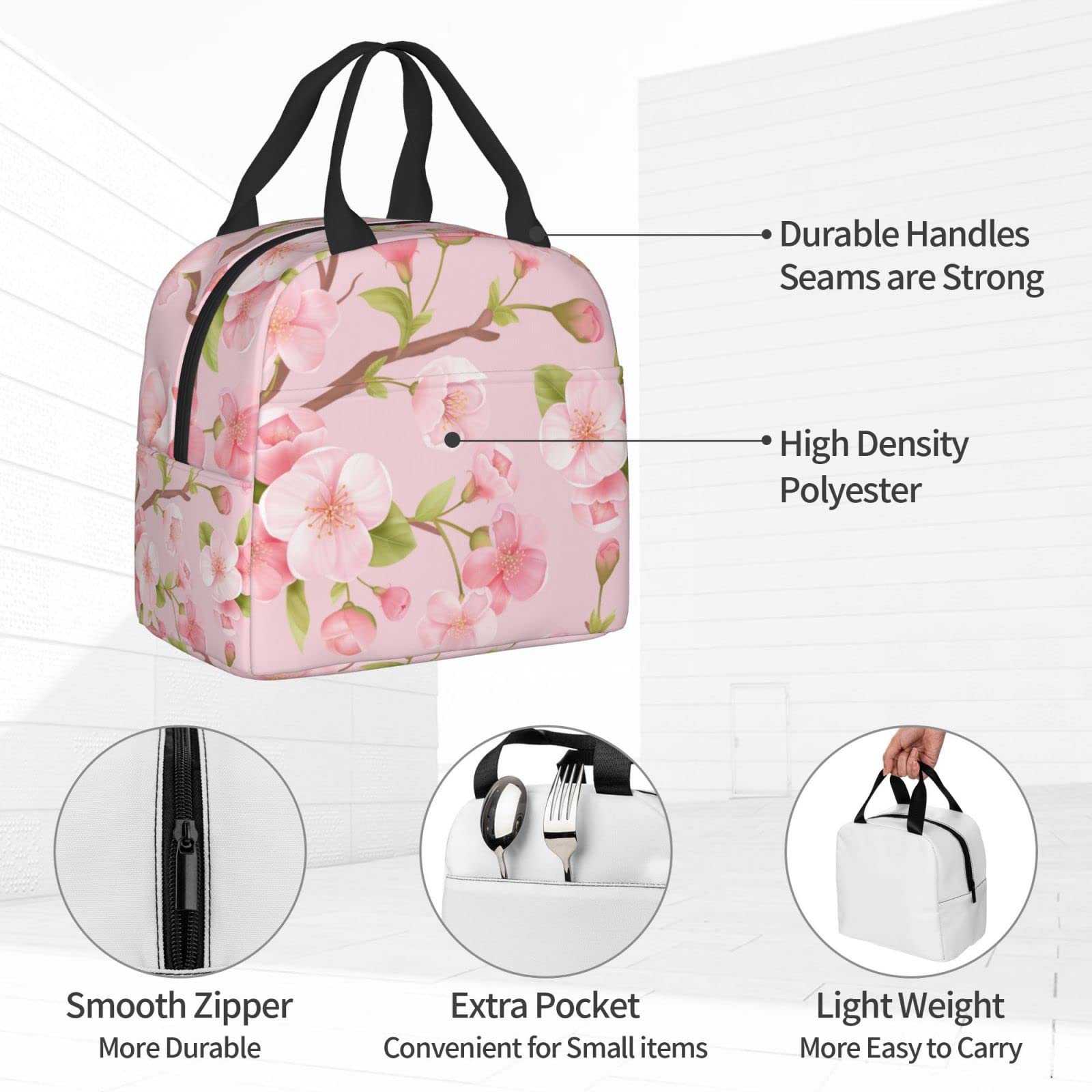 AuHomea Pink Sakura Blossom Lunch Bag For Women Men Insulated Lunch Box For Adult Reusable Lunch Bags With Pocket Zippers For Work, Picnic, School Or Travel