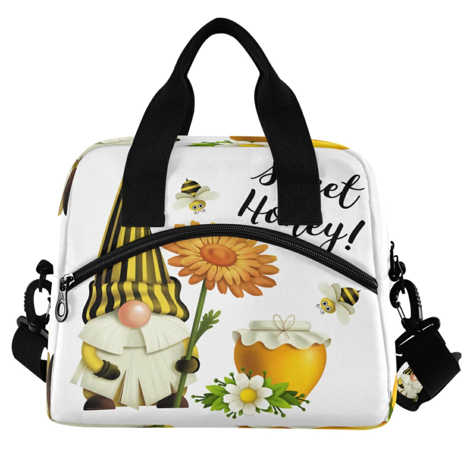 Oarencol Gnomes Bees Sunflowers Insulated Lunch Bag Sweet Honey Reusable Cooler Lunch Tote Box with Shoulder Strap for Work Picnic School Beach