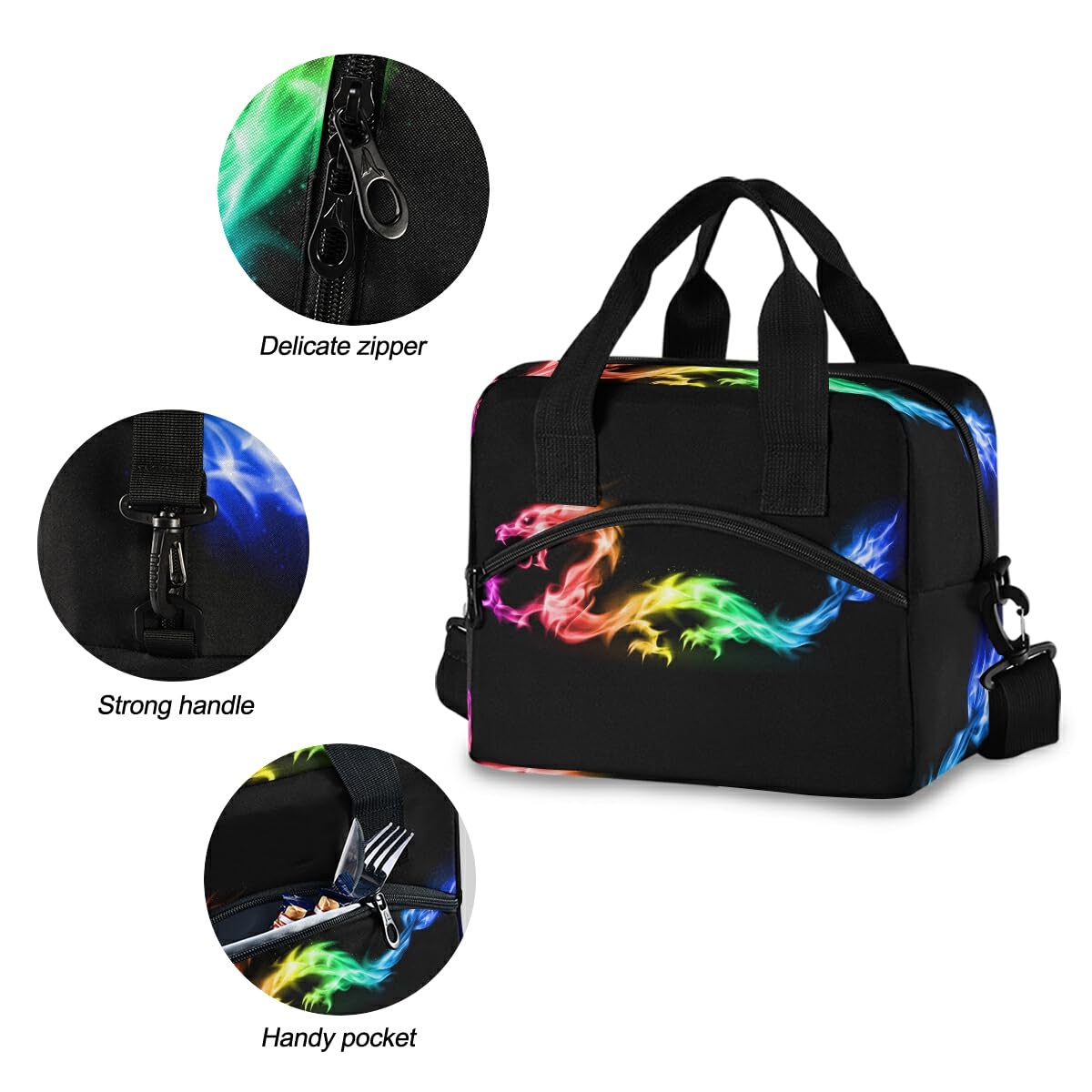 Fire Rainbow Dragon Lunch Bag Insulated Lunch Box for Women Men Tote Bag with Detachable Shoulder Strap for Office School Picnic Hiking