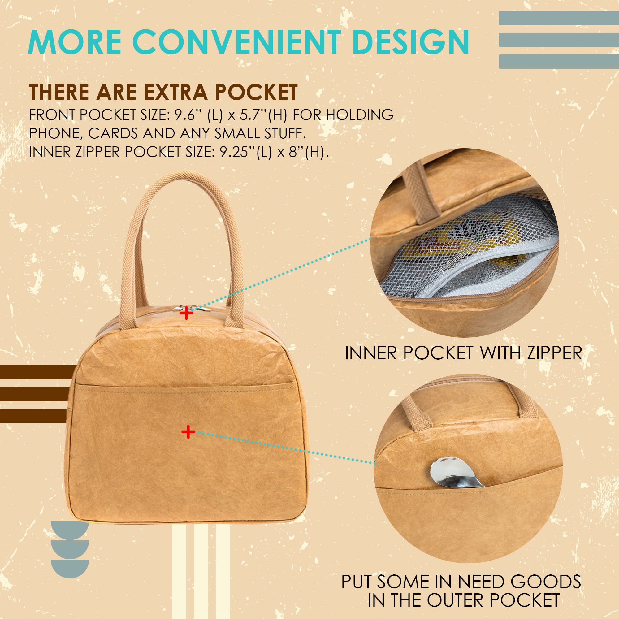 Khulula Tyvek Lunch Bag for Women Insulated Lunch Box Durable Leakproof Paper Reusable Lunch Tote Bags for Work, Picnic, Travel, Snack, Hiking Brown