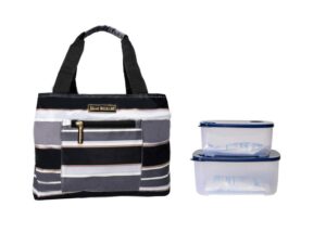 isaac mizrahi inwood deluxe shopper lunch tote (black color block stripe)