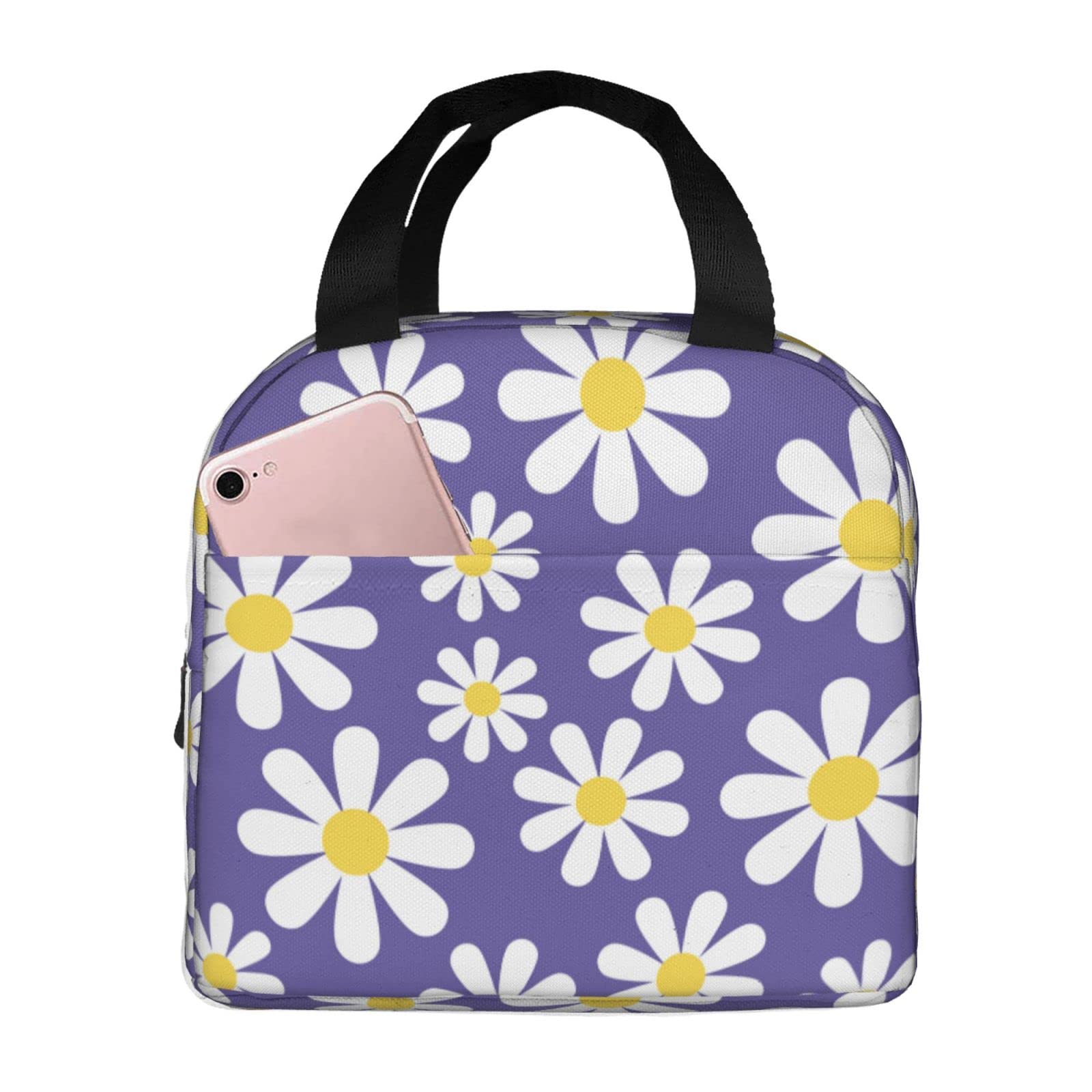 Echoserein Daisy Flower Purple Lunch Bag Insulated Lunch Box Reusable Lunchbox Waterproof Portable Lunch Tote For Women Girls