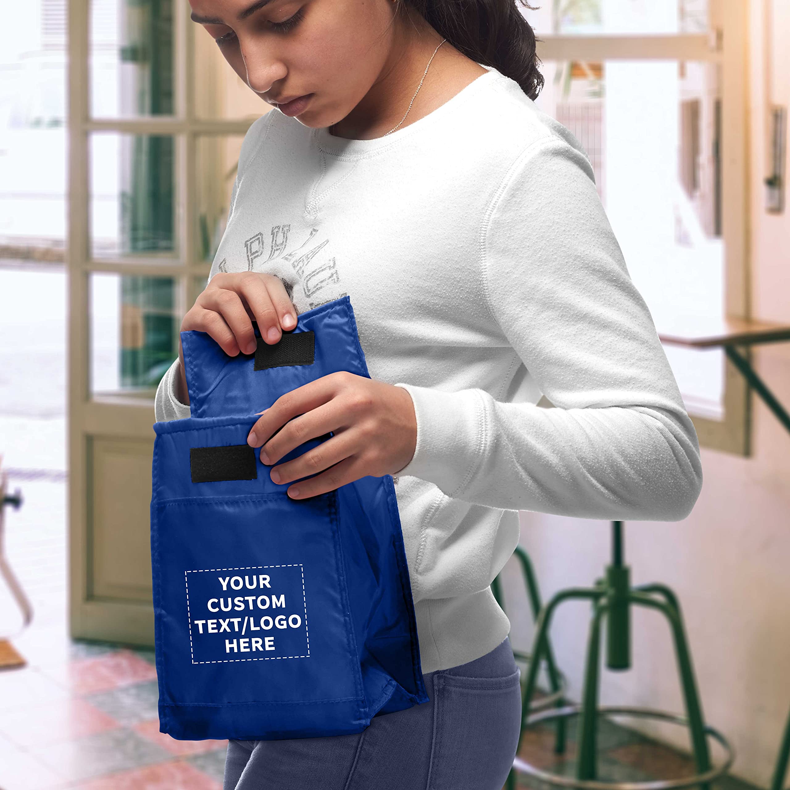 DISCOUNT PROMOS 100 Hook and Loop Insulated Lunch Bags Set - Customizable Text, Logo - Polyester, Durable, Vibrant, Reusable - Blue