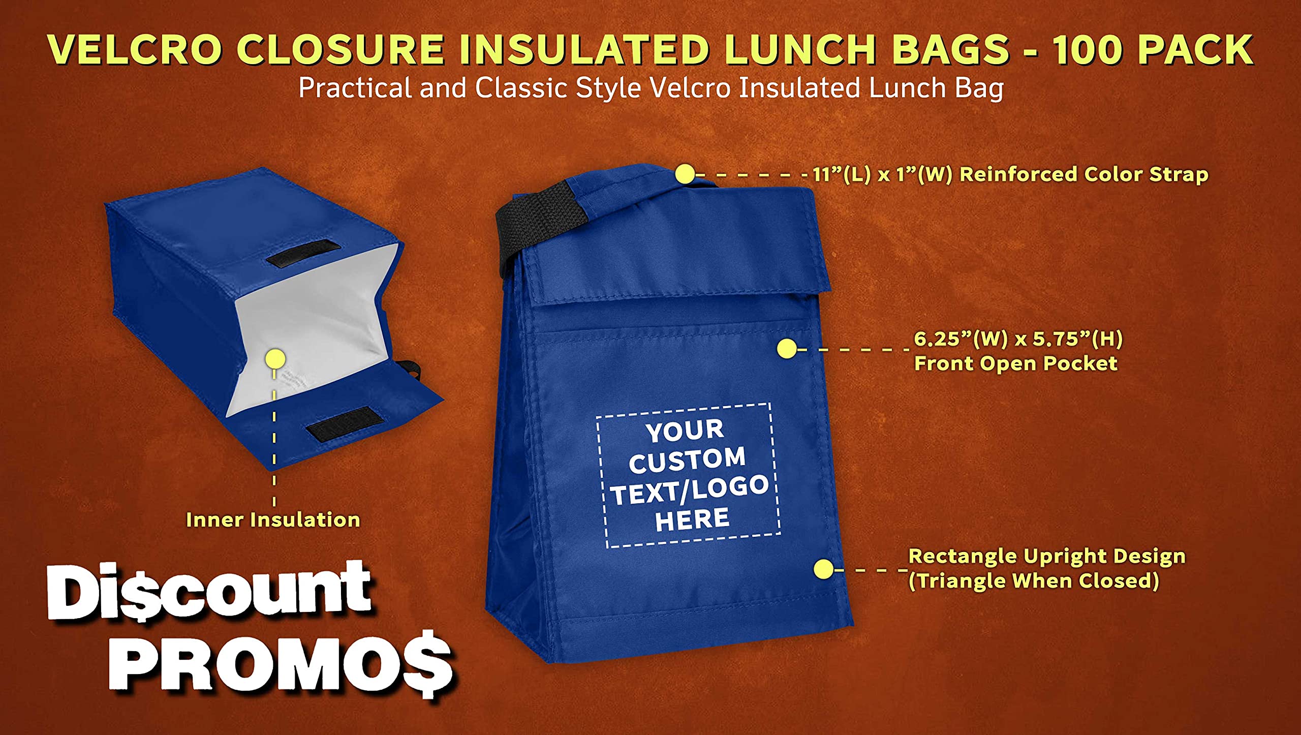 DISCOUNT PROMOS 100 Hook and Loop Insulated Lunch Bags Set - Customizable Text, Logo - Polyester, Durable, Vibrant, Reusable - Blue